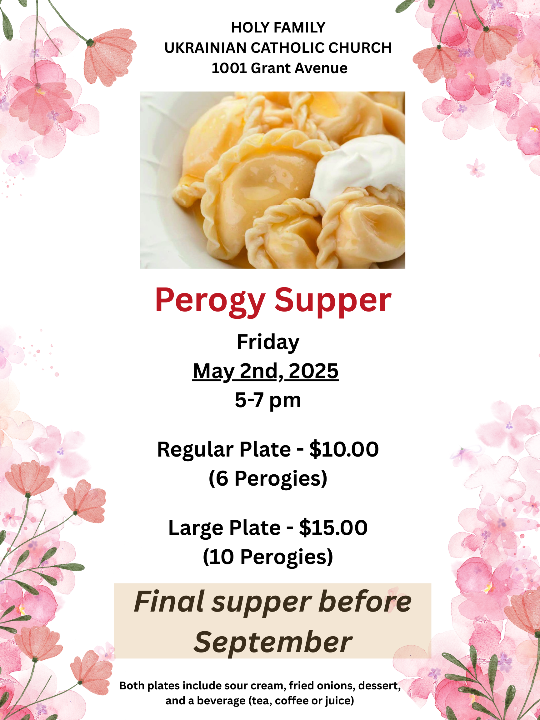 Perogy Supper May 2nd, 5-7 pm - Holy Family Ukrainian Catholic Church